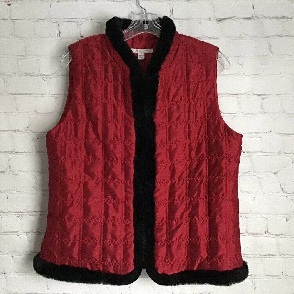 Red Faux Fur Trimmed Quilted Vest Jm Collection Small - Gem